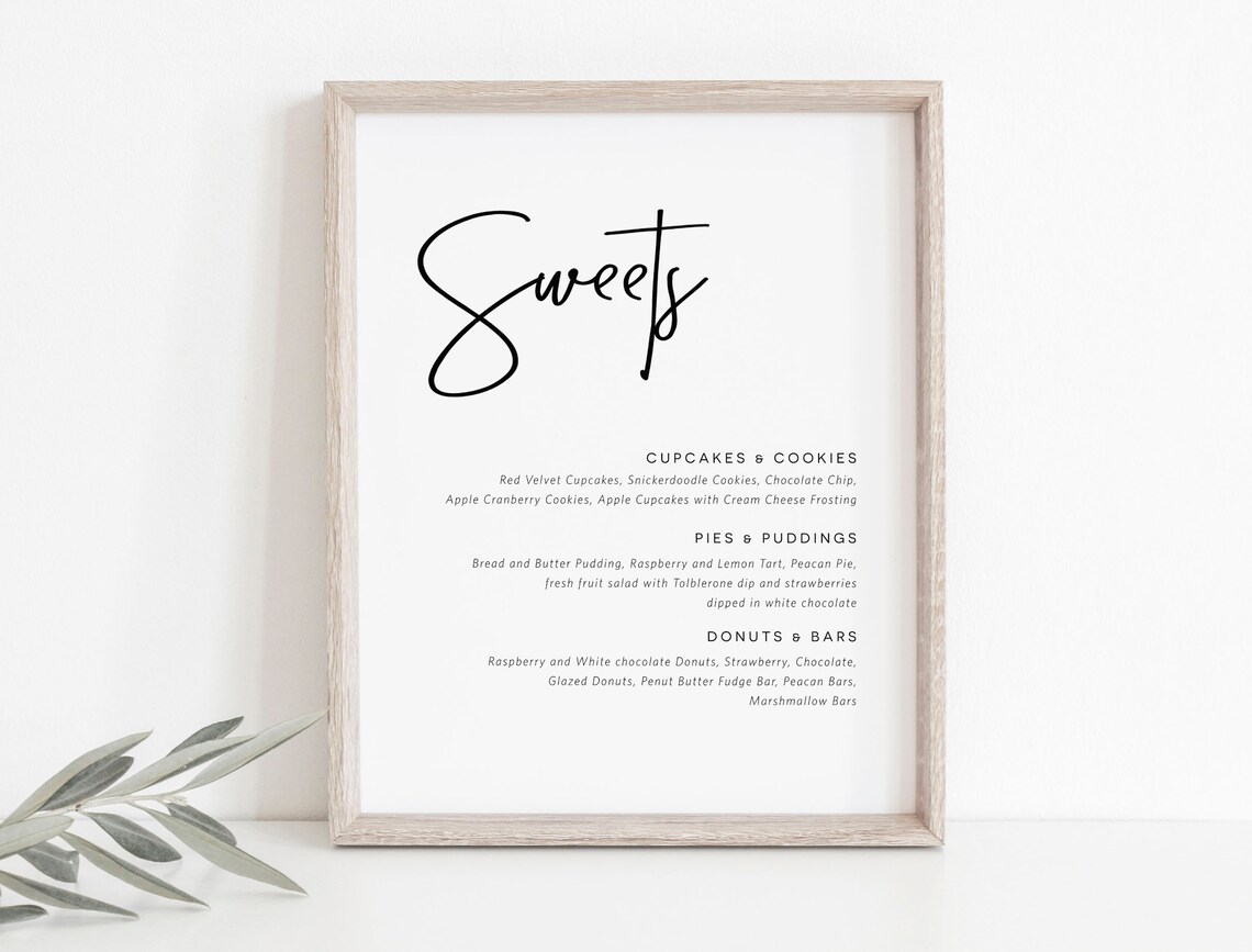 Sweets Menu Sign, Modern Wedding Desserts Sign Template, Printable ...