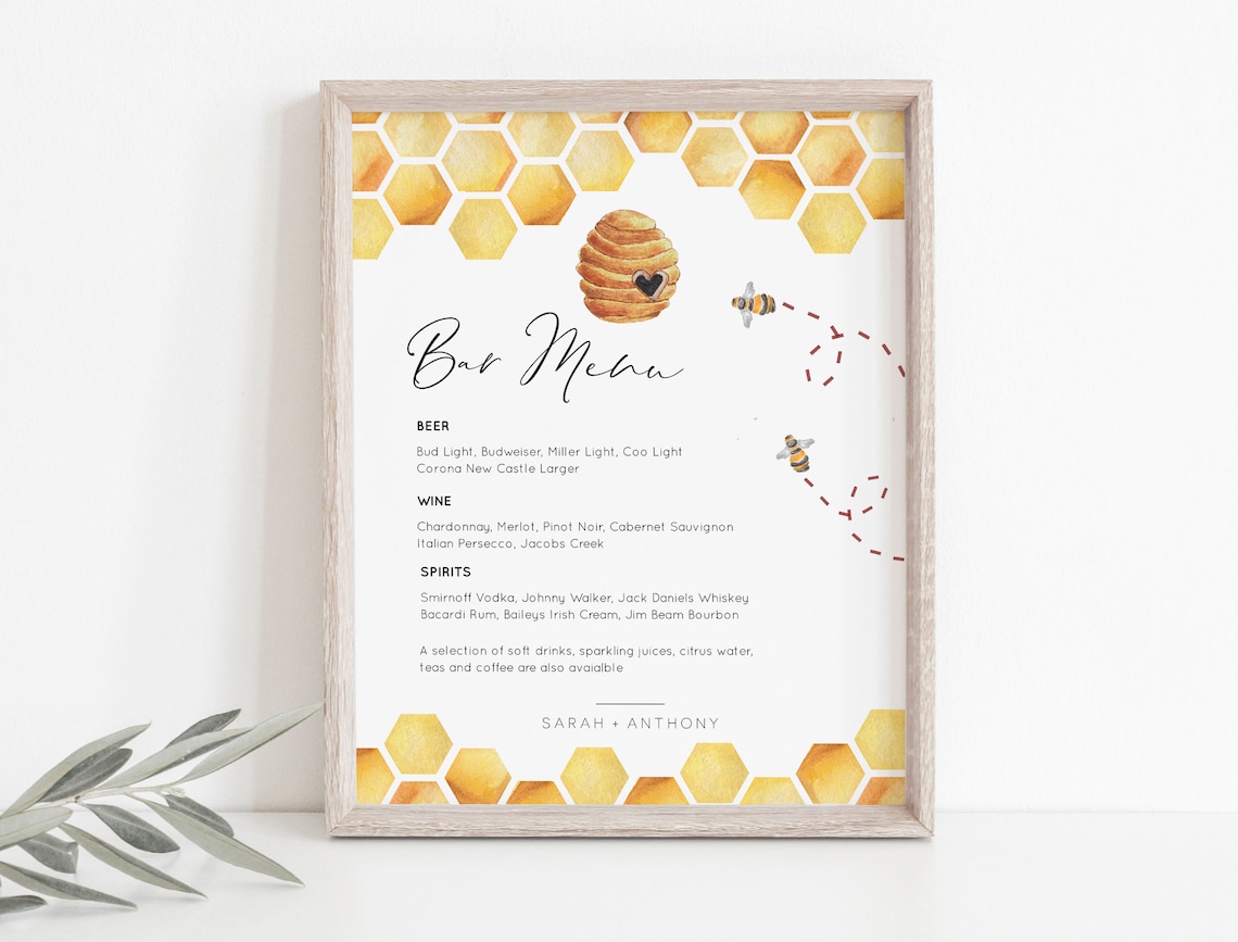 Bee Bar Menu Sign Greenery Bar Sign Template Printable Bar - Etsy