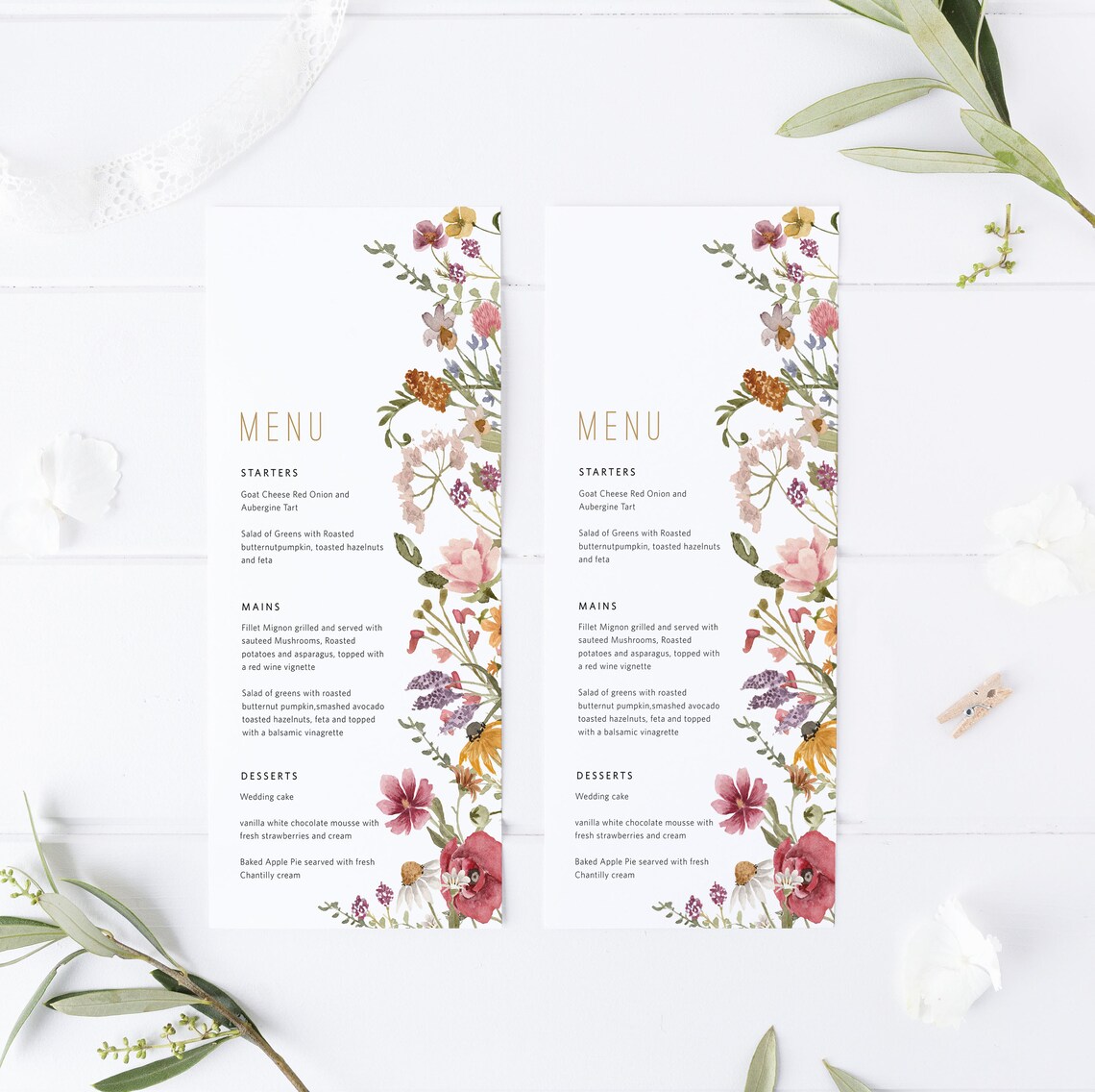 Wildflower Menu Card Floral Menu Template Wedding Menu | Etsy