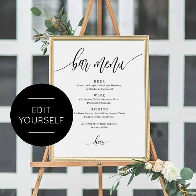 Wedding Bar Menu Sign, Printable Calligraphy Bar Menu Poster, Drinks ...
