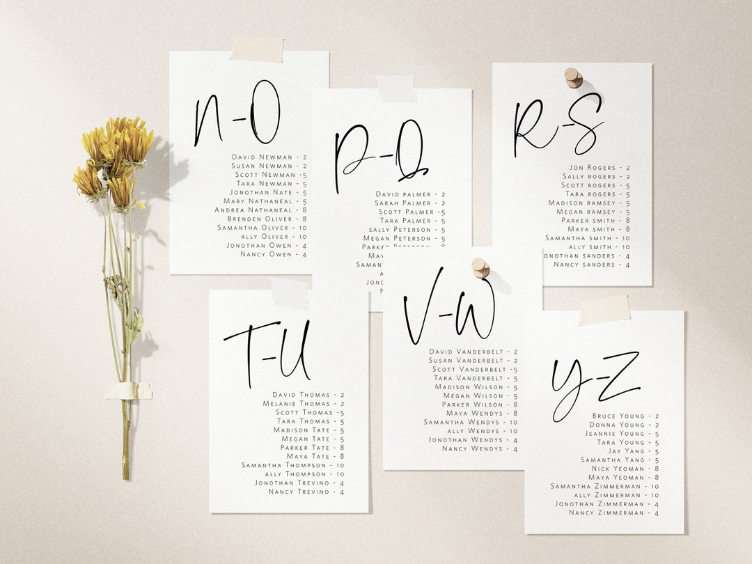 Minimalist Seating Chart Cards, Alphabet Seating Chart Wedding ...