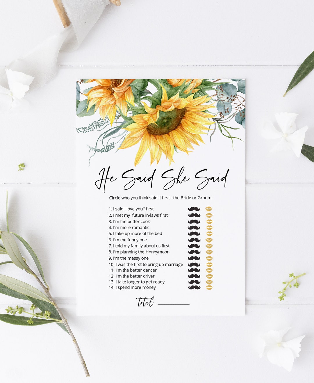 Sunflower He Said She Said Game, Fall Bridal Shower Game, Printable He ...