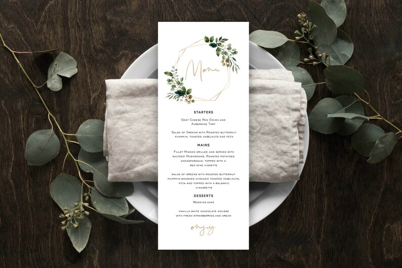 Greenery Menu Card Printable Menu Sign Geometric Wedding - Etsy