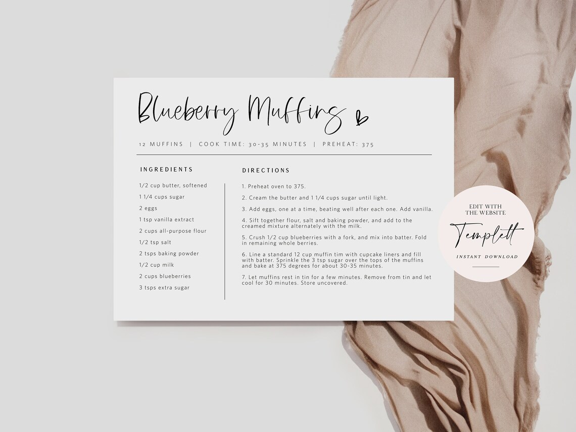 Editable Recipe Card Template, Minimalist Recipe Card, Diy Recipe Card ...