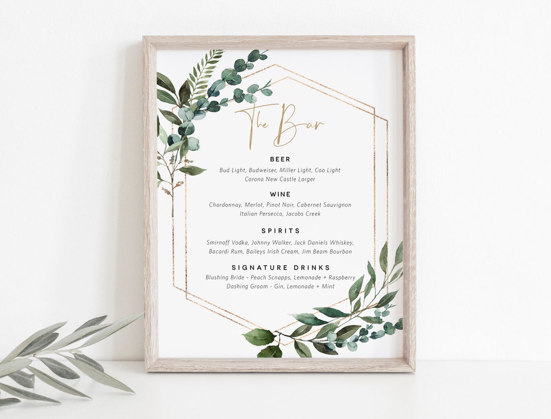 Greenery Bar Menu Sign, Greenery Bar Sign Template, Printable Bar Menu ...