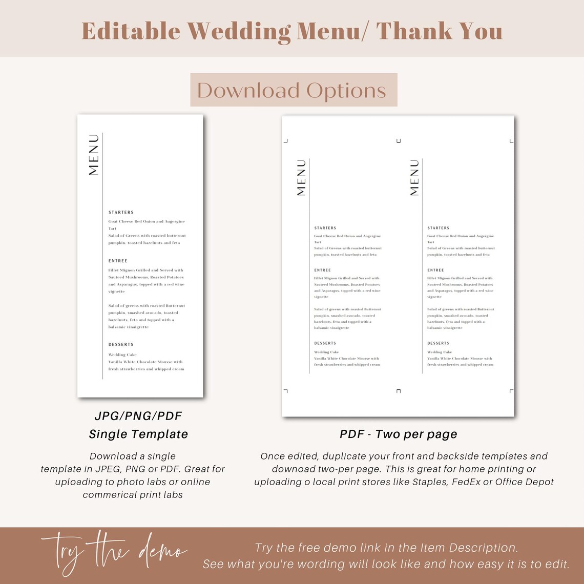 Modern Menu and Thank You Card, Wedding Menu Card, Napkin Note Thank ...