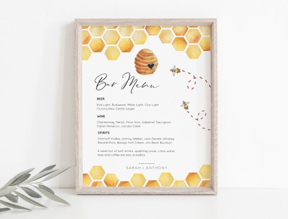 Bee Bar Menu Sign Greenery Bar Sign Template Printable Bar | Etsy
