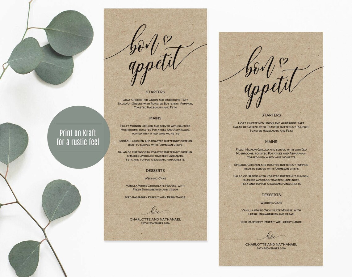 Bon Appetit Wedding Menu Template Wedding Menu Printable 2 | Etsy