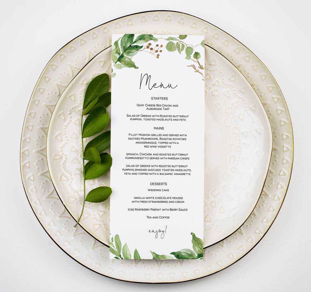 Greenery Wreath Menu Card Template, Greenery Menu Printable, Instant ...