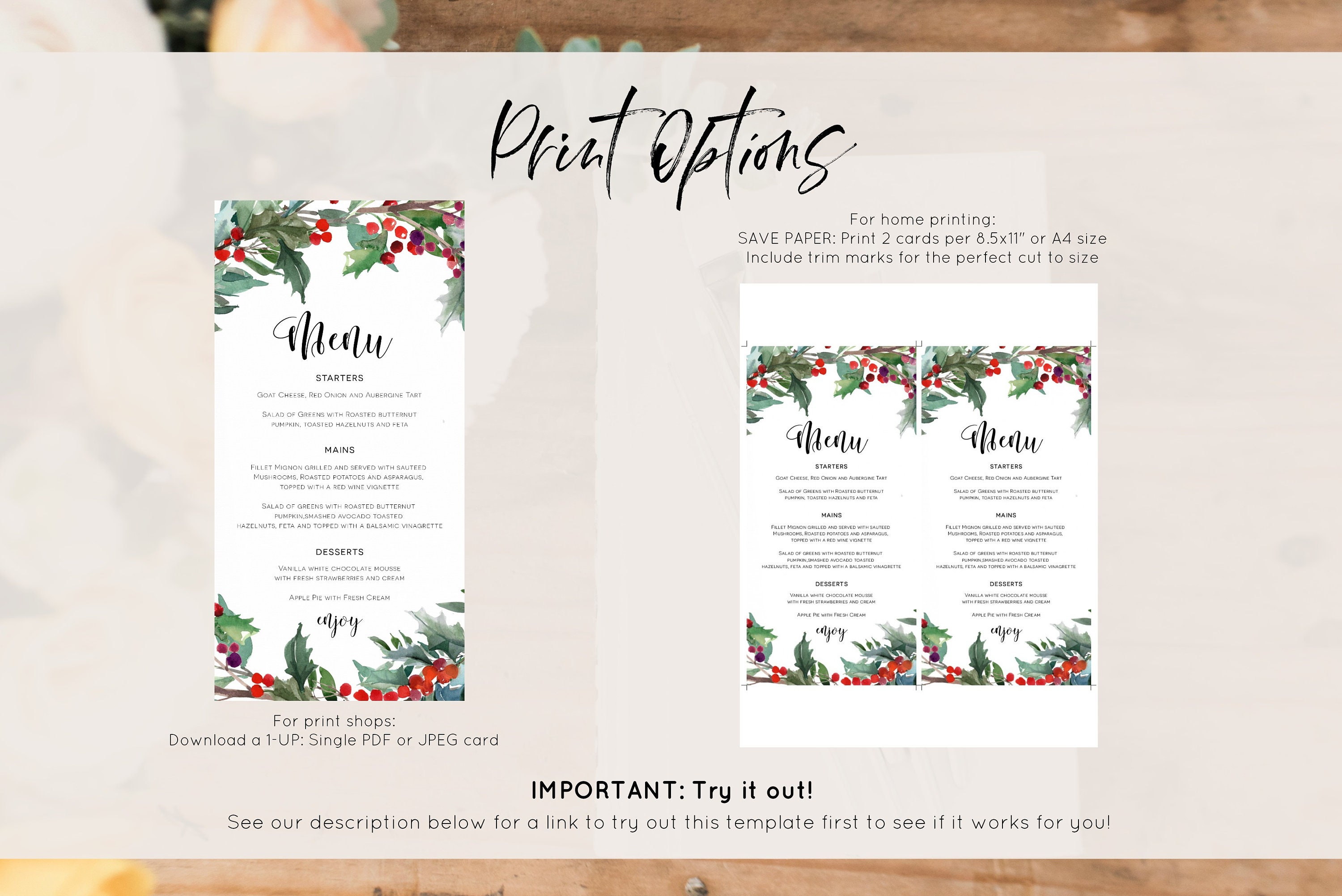 Christmas Menu, Christmas Holly Menu, Printable Christmas Menu , 2 ...
