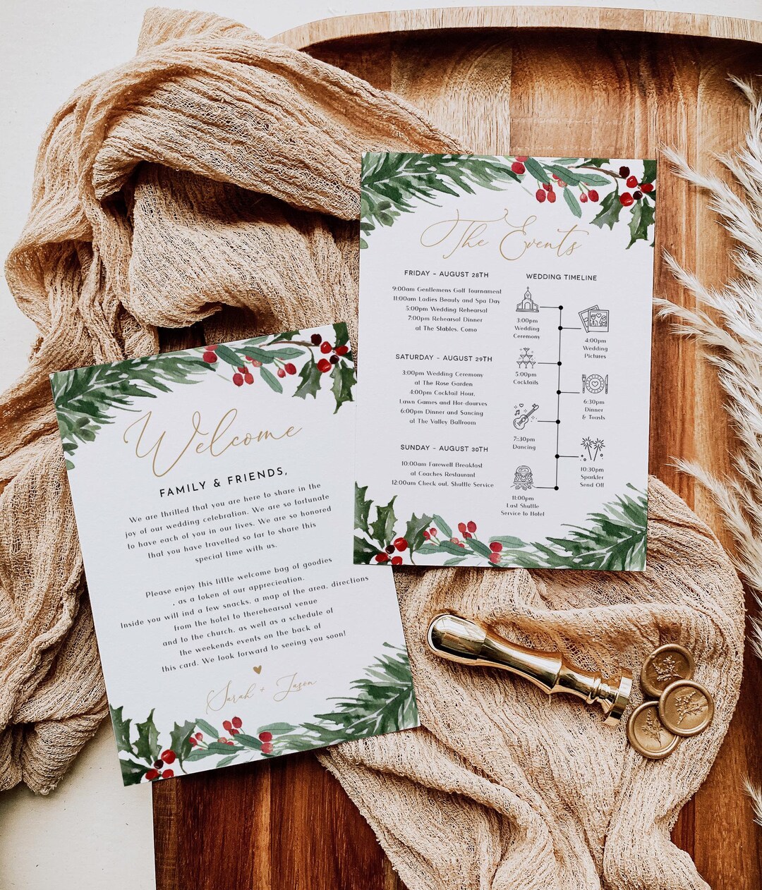 Welcome Letter & Timeline Card, Christmas Wedding Order of Events ...