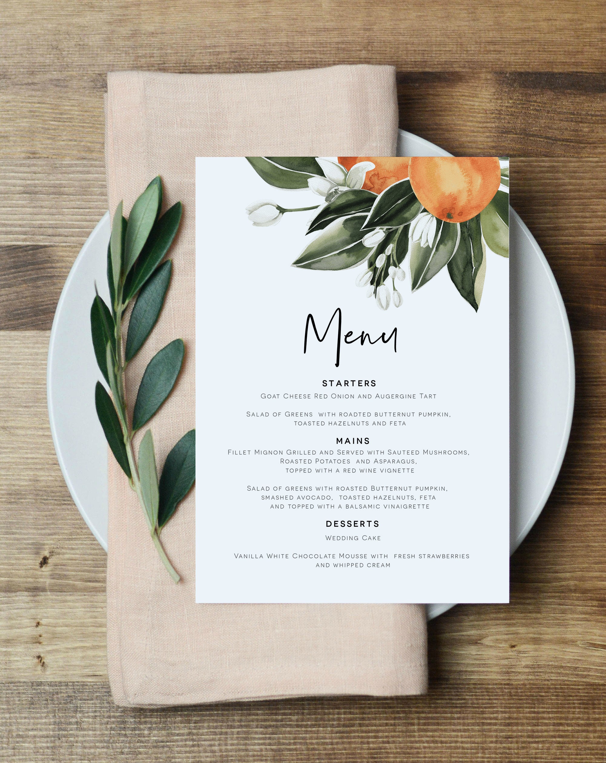 Citrus Menu Template Orange Menu Card 5x7 Wedding Menu | Etsy