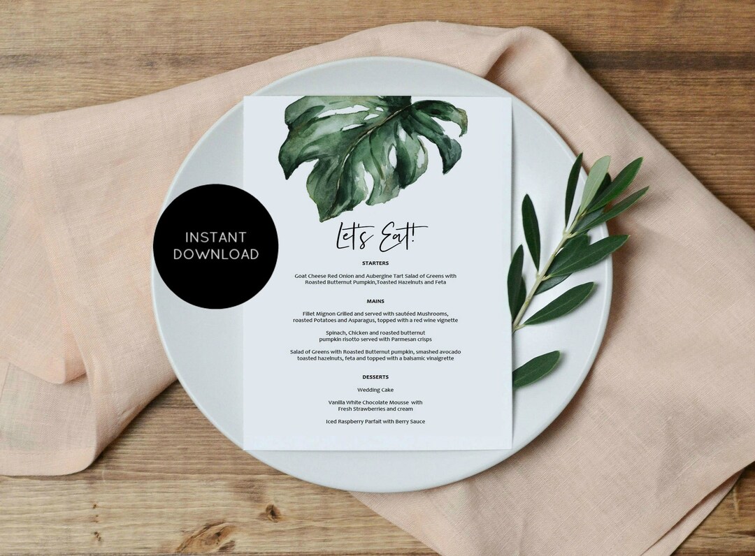 Tropical Menu Card Template, Green Leaf Menu Printable, Menu Sign, Menu ...