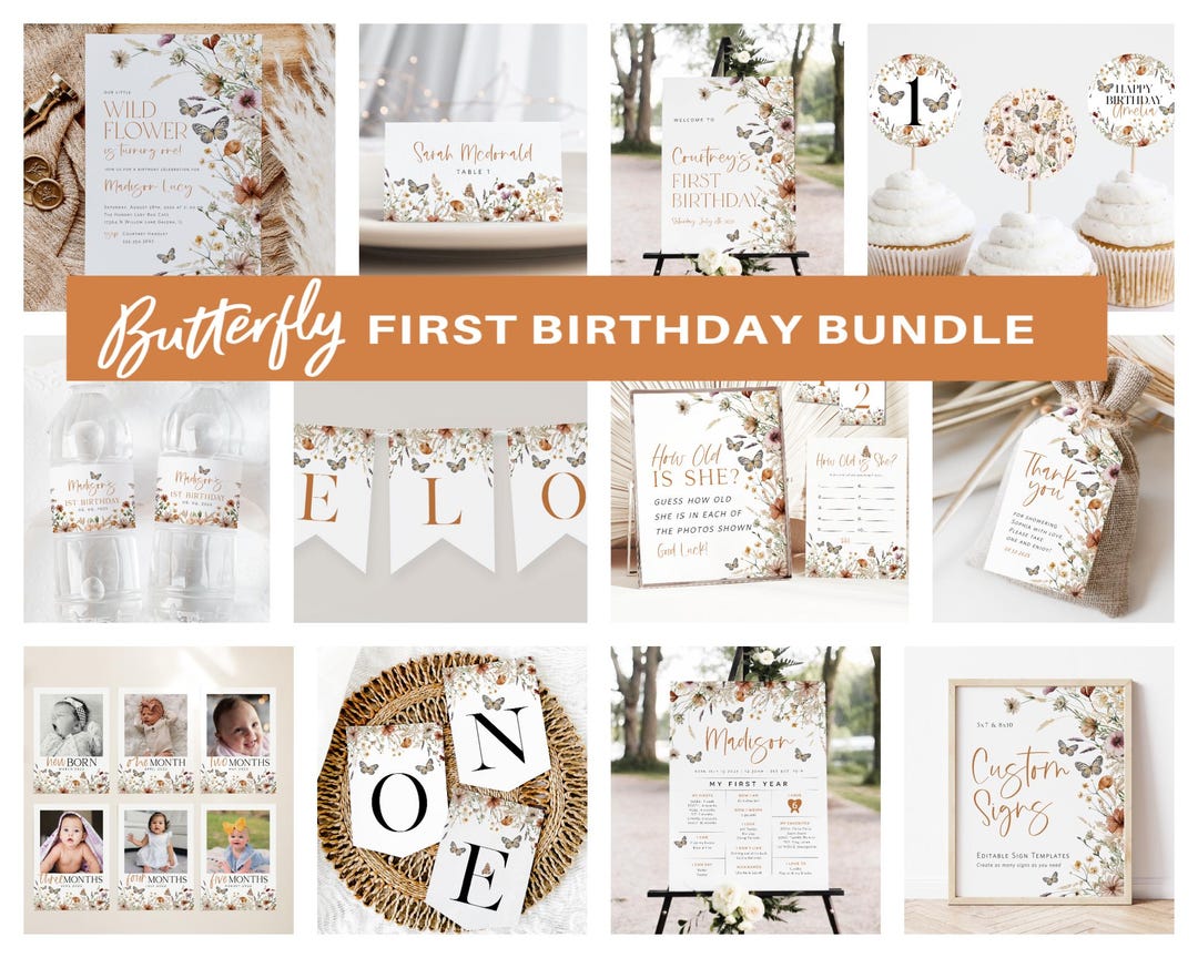 Butterfly First Birthday Invitation Bundle, Wildflower Birthday ...