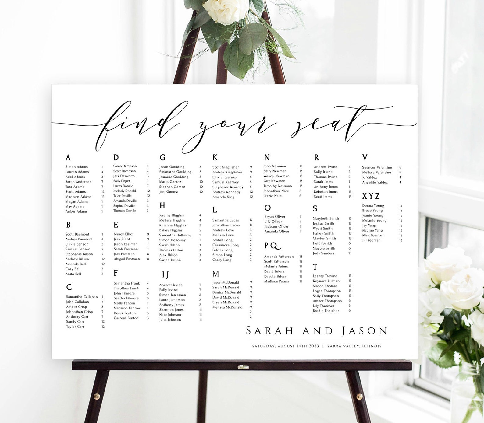 Script Alphabetical Seating Chart, Wedding Seating Chart, Alphabetical ...