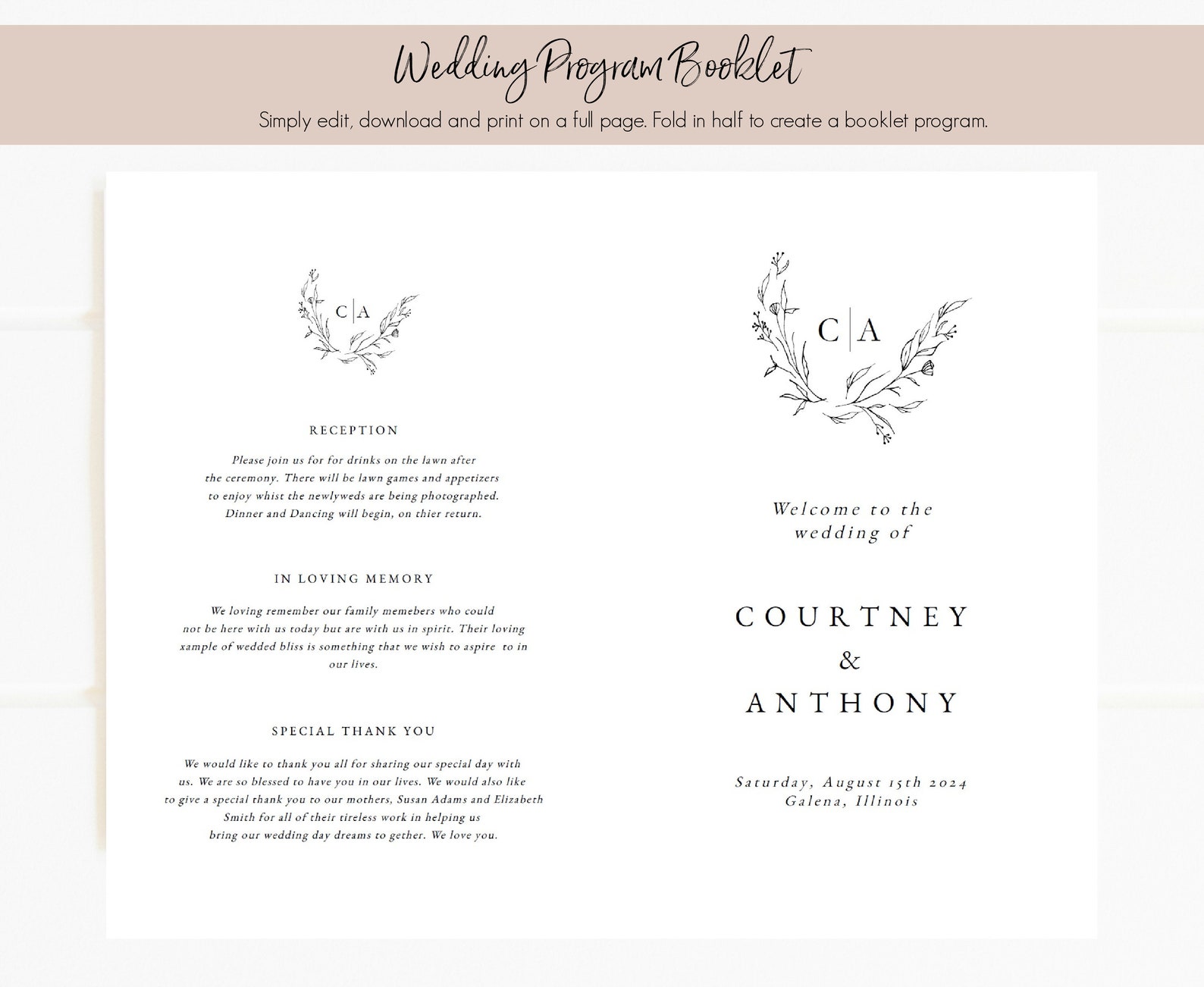 Botanical Wedding Program Template Wedding Program Printable | Etsy