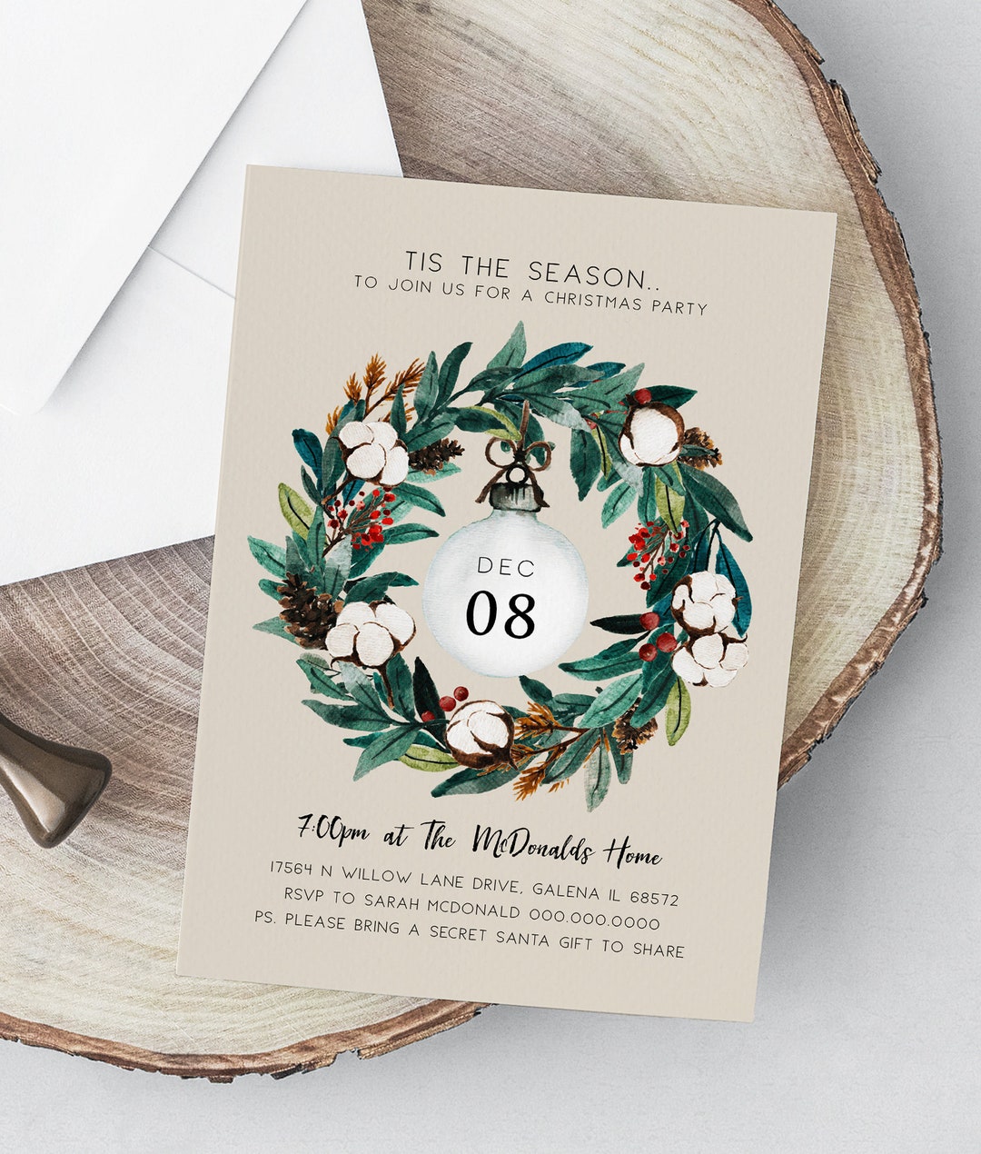 Christmas Invitation, Printable Christmas Wreath Invitation, Rustic ...