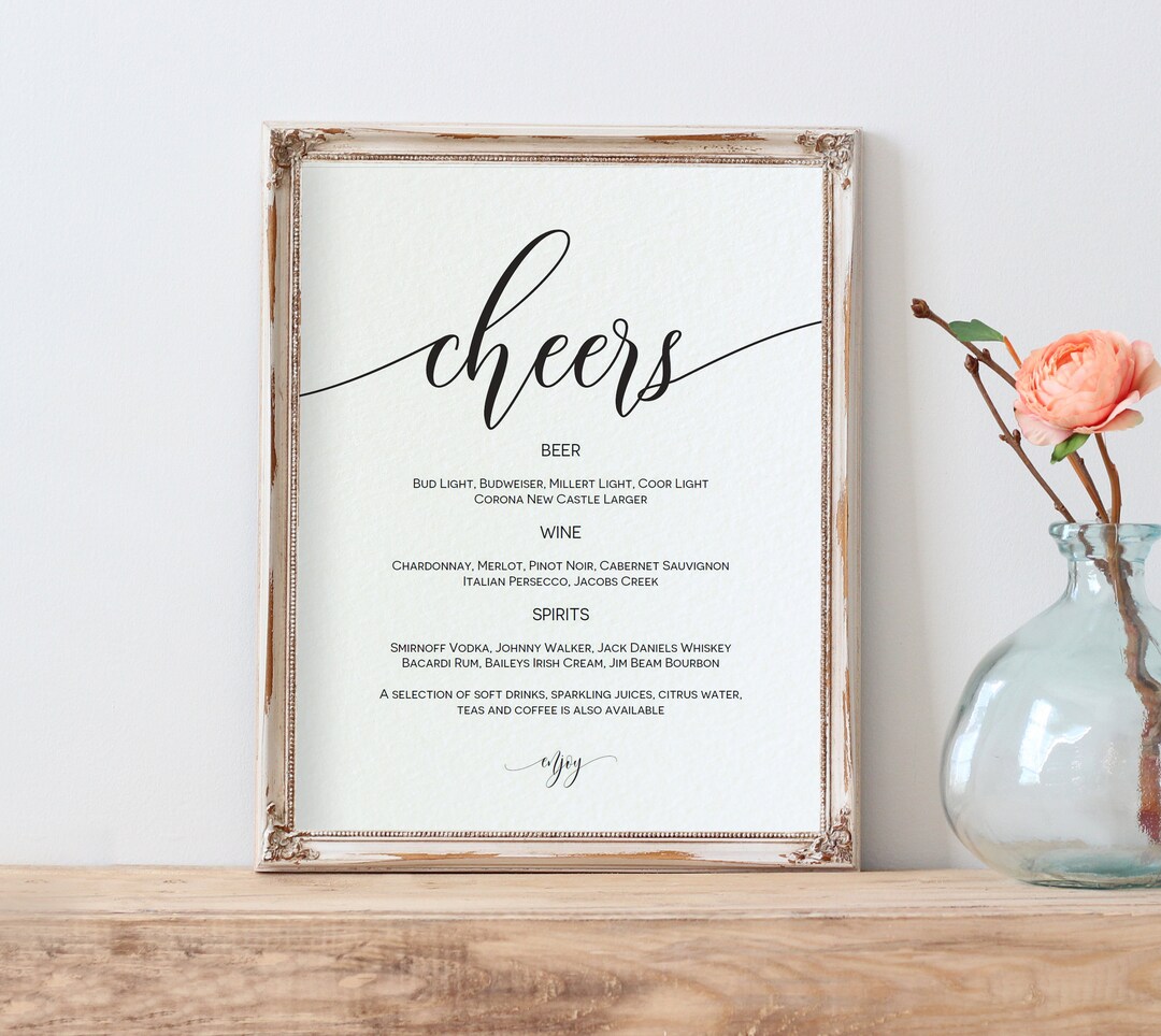 Cheers Bar Sign, Calligraphy Bar Menu Sign, Printable Wedding Bar Sign ...