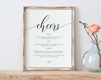 Cheers Bar Sign, Calligraphy Bar Menu Sign, Printable Wedding Bar Sign ...
