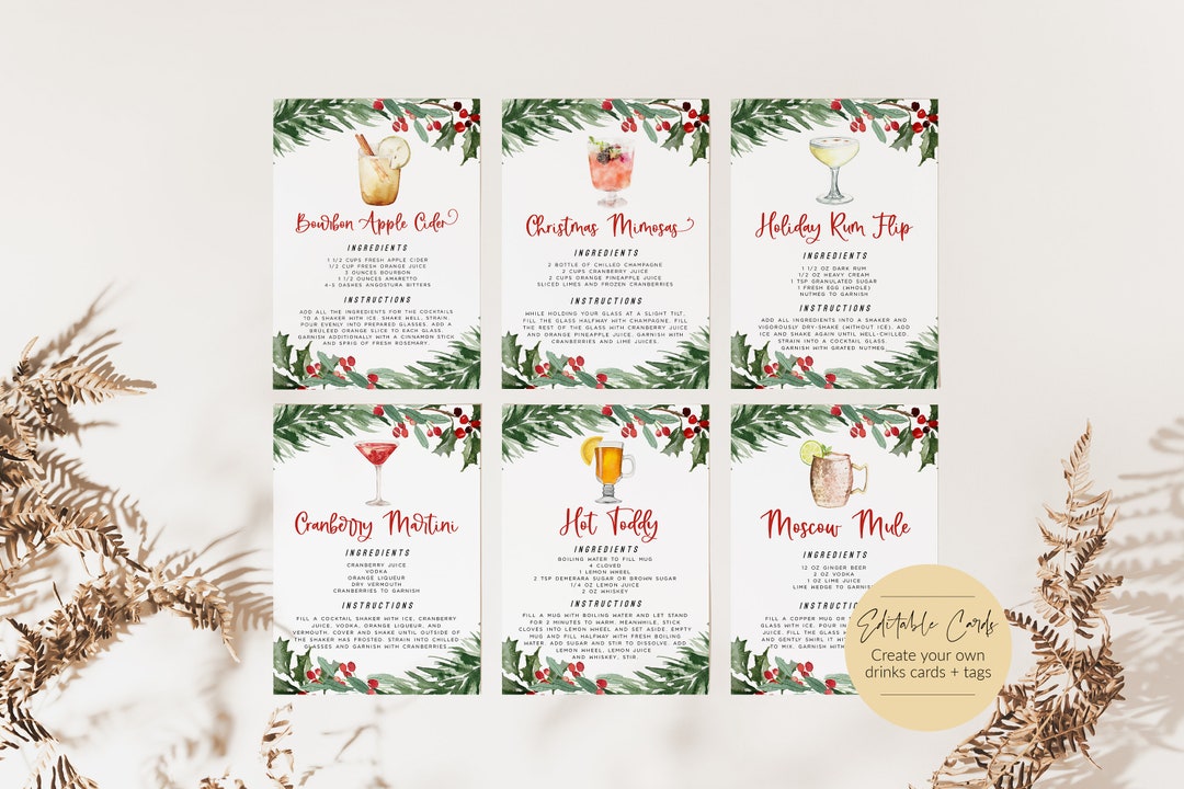 Editable Cocktail Recipe Card Template, Christmas Recipe Card, Drinks ...