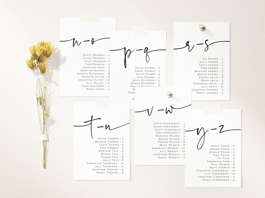 Minimalist Seating Chart Cards, Alphabet Seating Chart Wedding ...