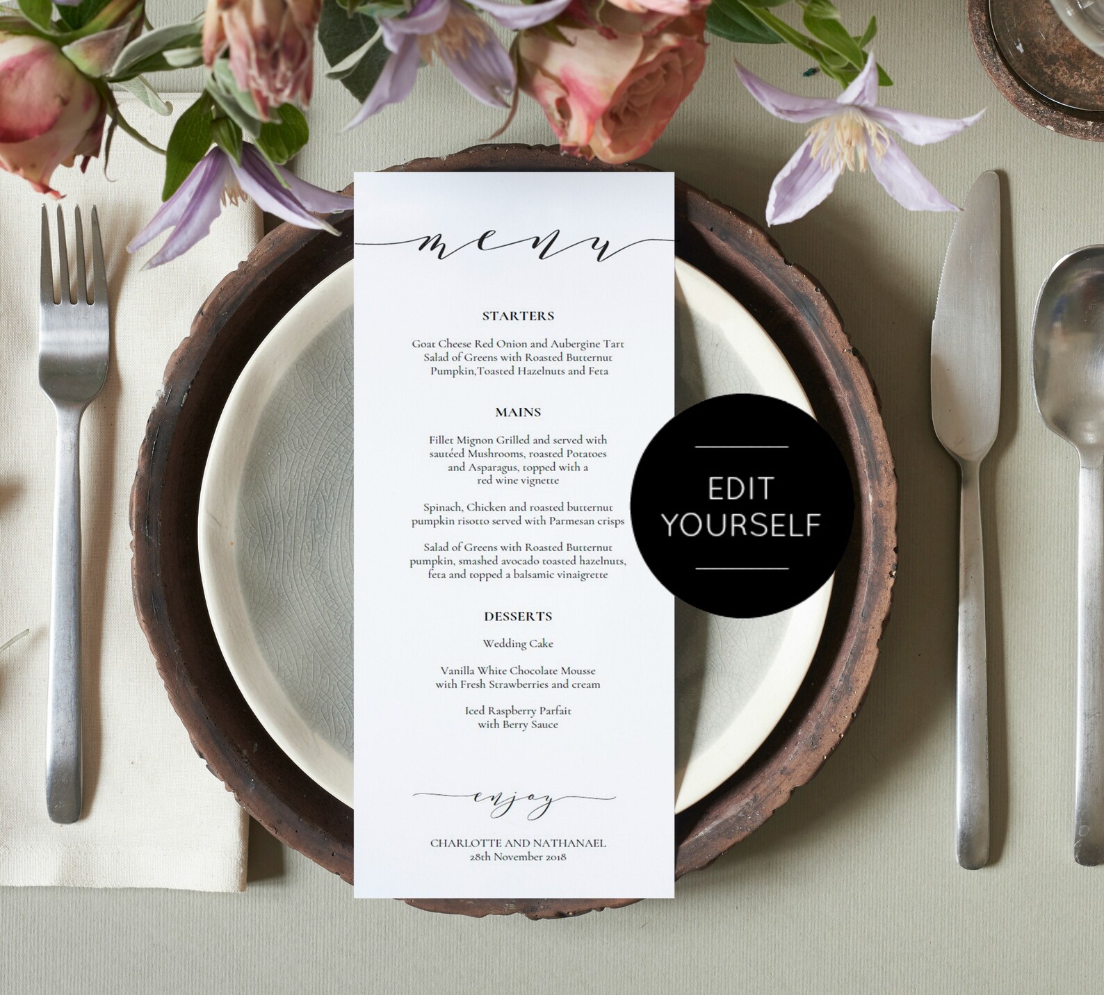 Wedding Menu Template, Editable Wedding Menu Printable, 2 Sizes ...