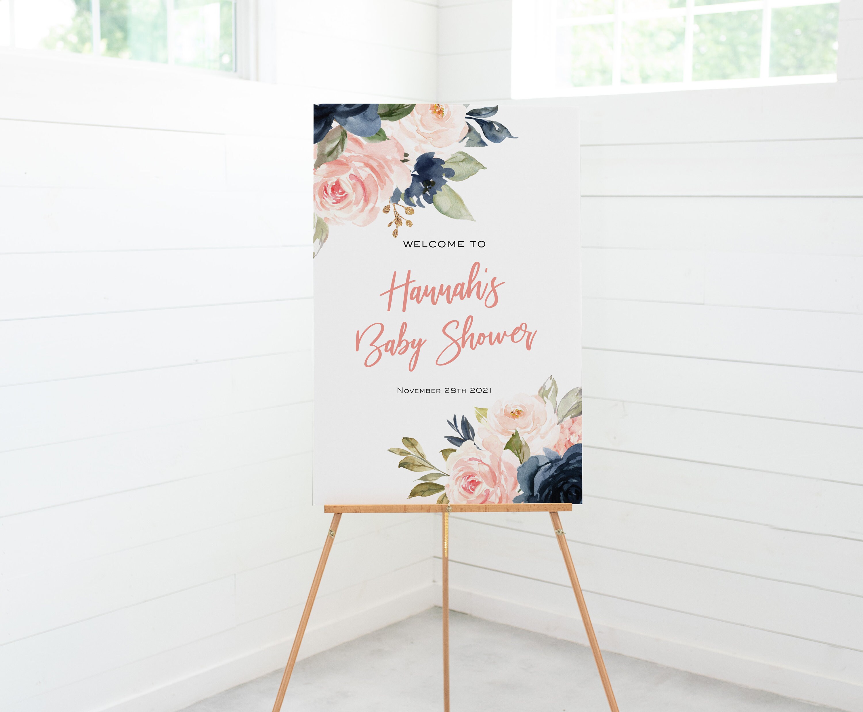 Navy Blush Welcome Sign Poster Shower Welcome Sign Floral - Etsy