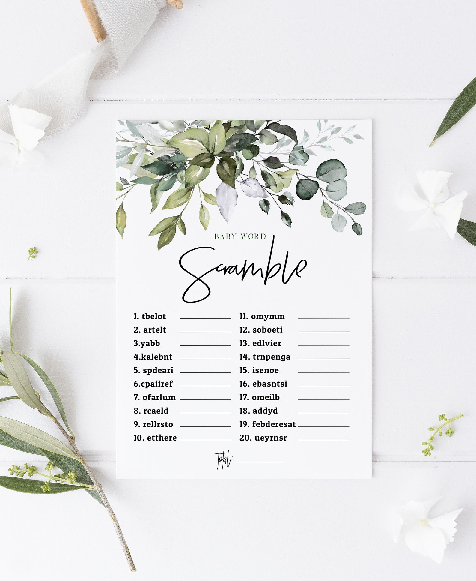 Greenery Baby Word Scramble Game, Baby Shower Game, Editable Shower ...