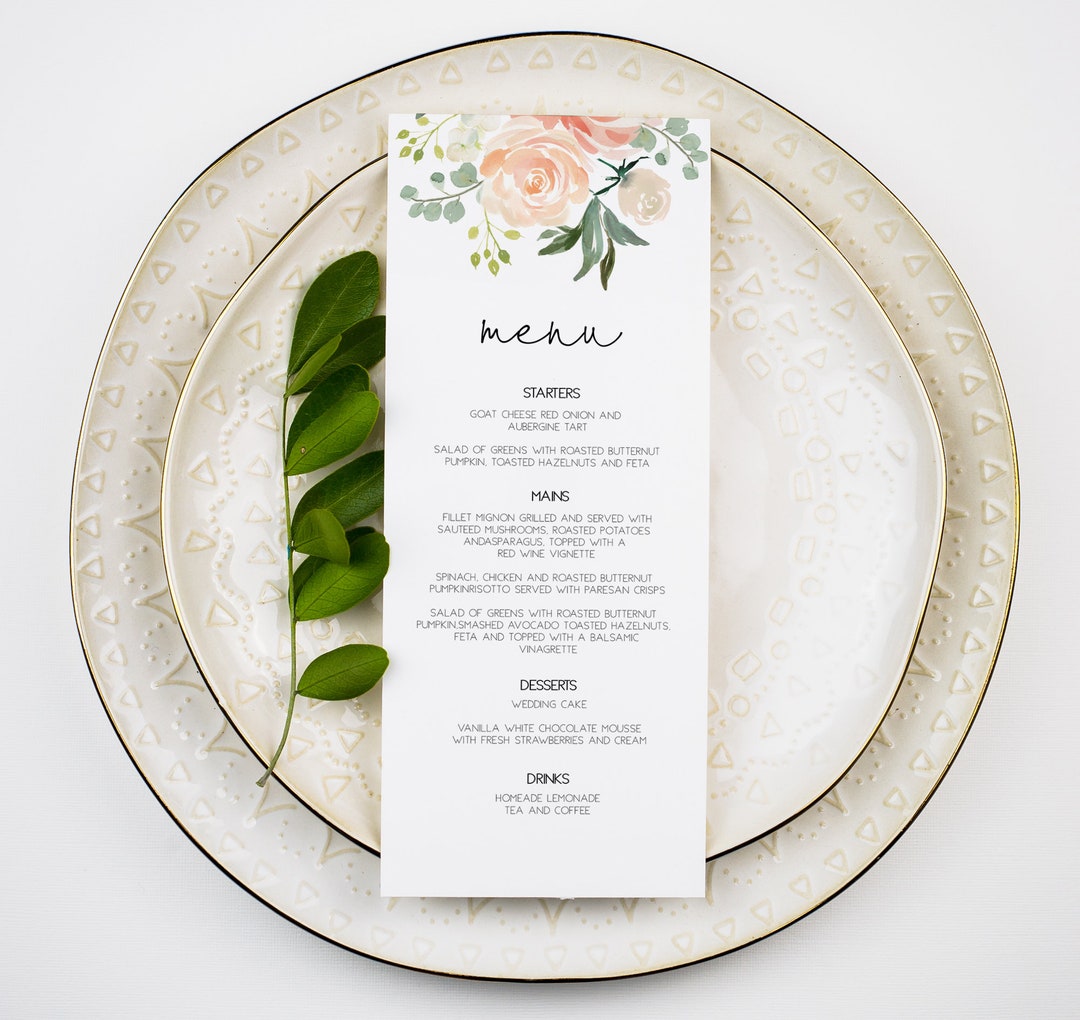 Peach Menu Card Template, Floral Menu Printable, Instant Download, 2 ...