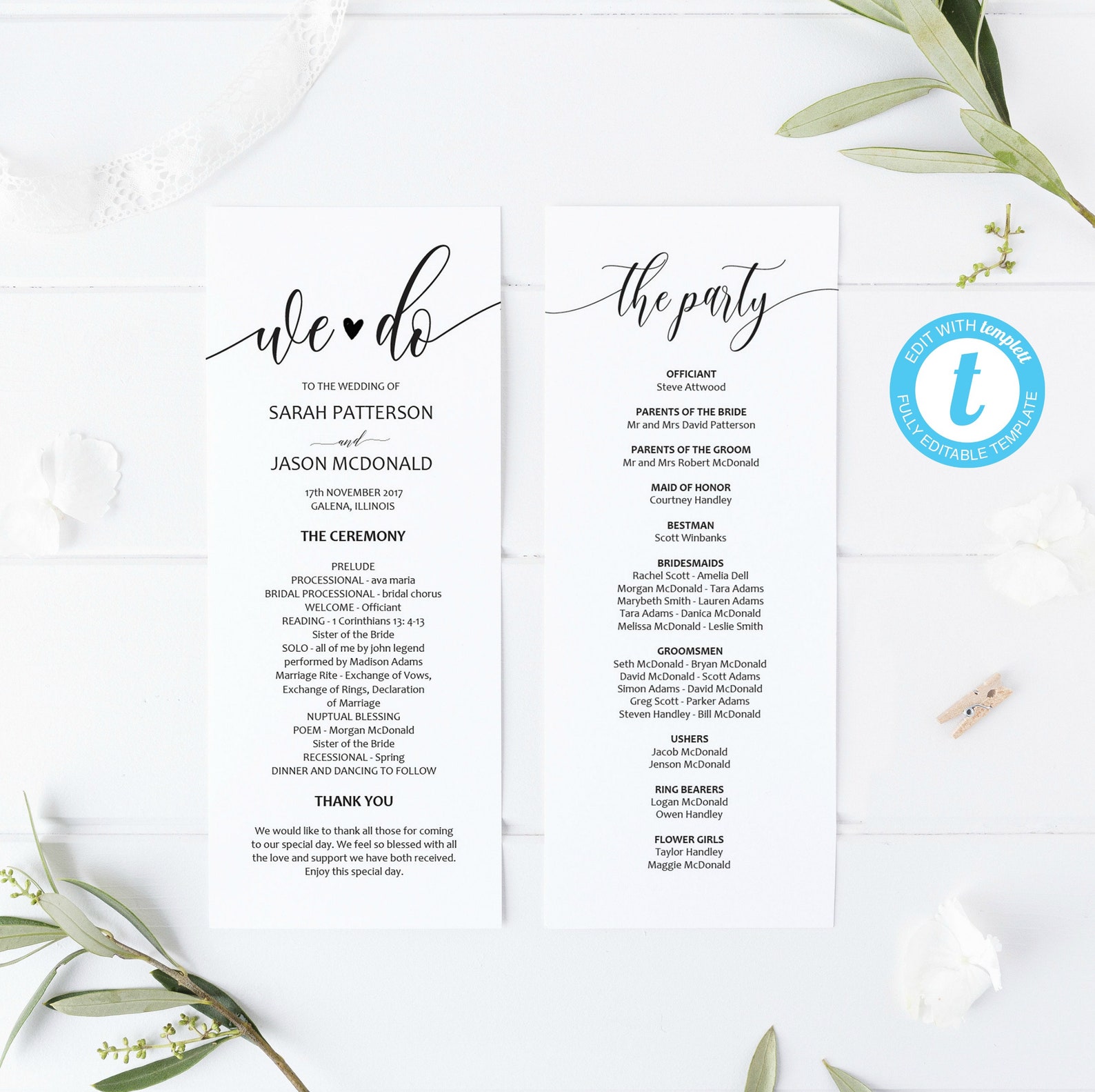 Calligraphy Wedding Program Template Printable Wedding | Etsy