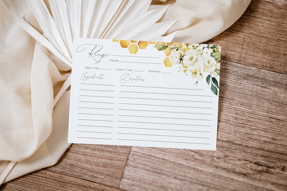 Bee Recipe Card Printable Floral Recipe Card Template Diy | Etsy