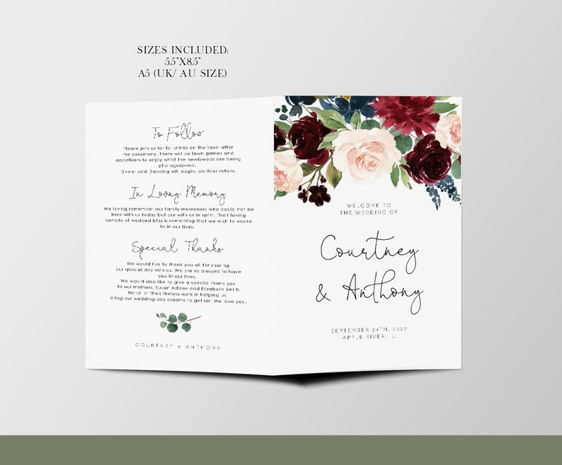 Wedding Program Template Wedding Program Printable Burgundy - Etsy