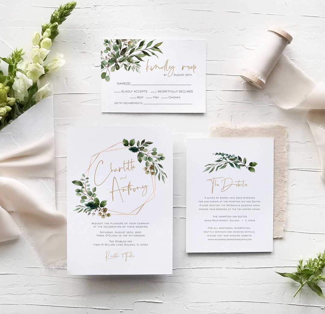 Greenery Wedding Invitation, Geometric Wedding Invitation Template ...