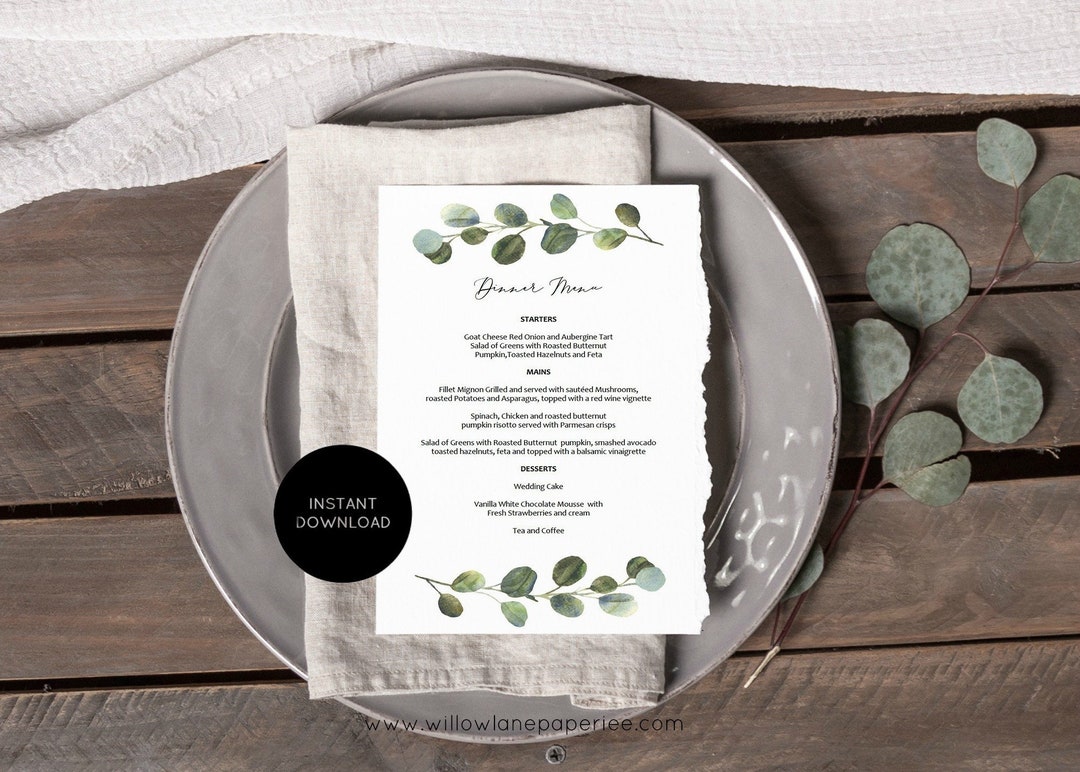 Greenery Menu Card Template, Printable Menu Card, Rustic Menu, Wedding ...