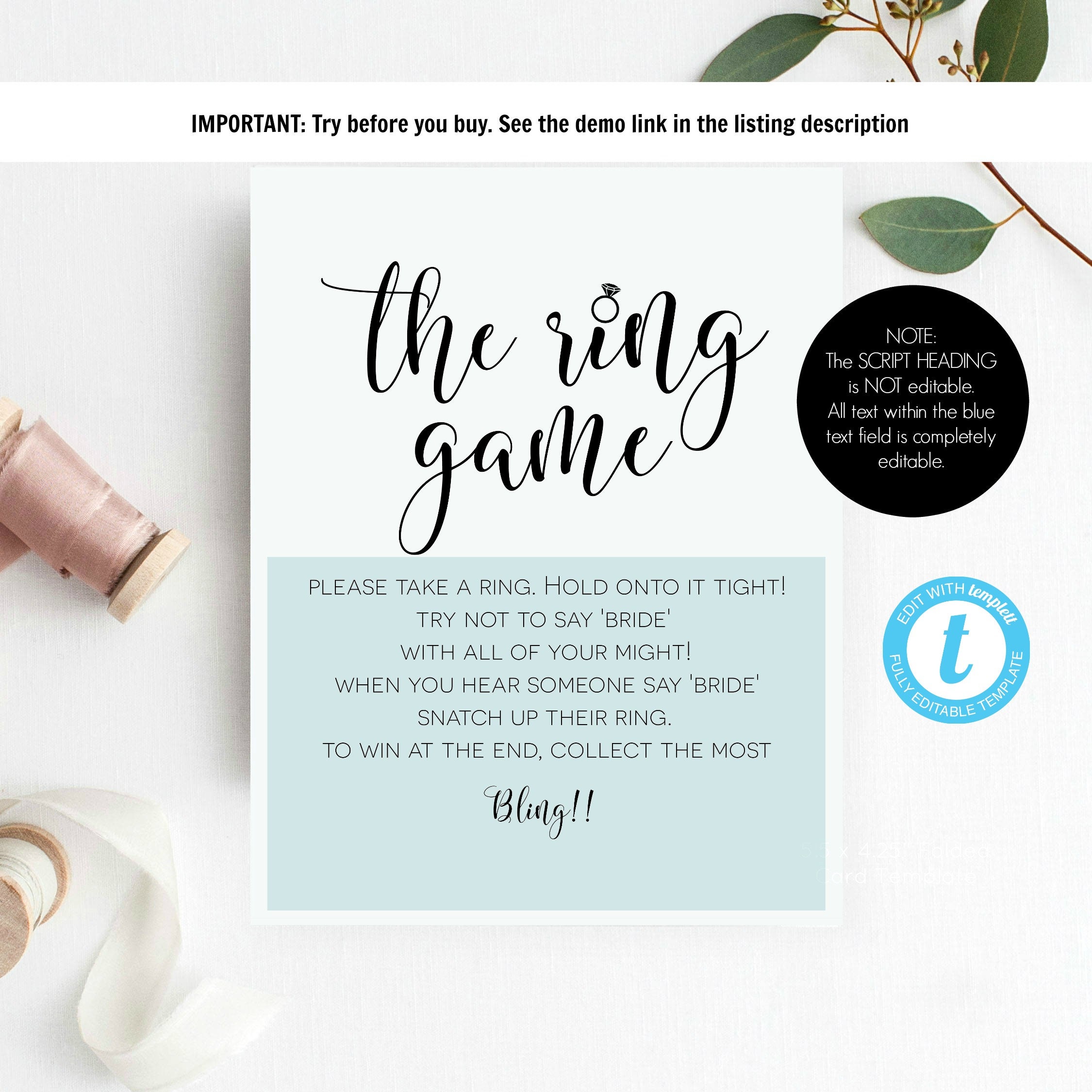 The Ring Game, Bridal Shower Game Sign, Bridal Shower Sign Template ...