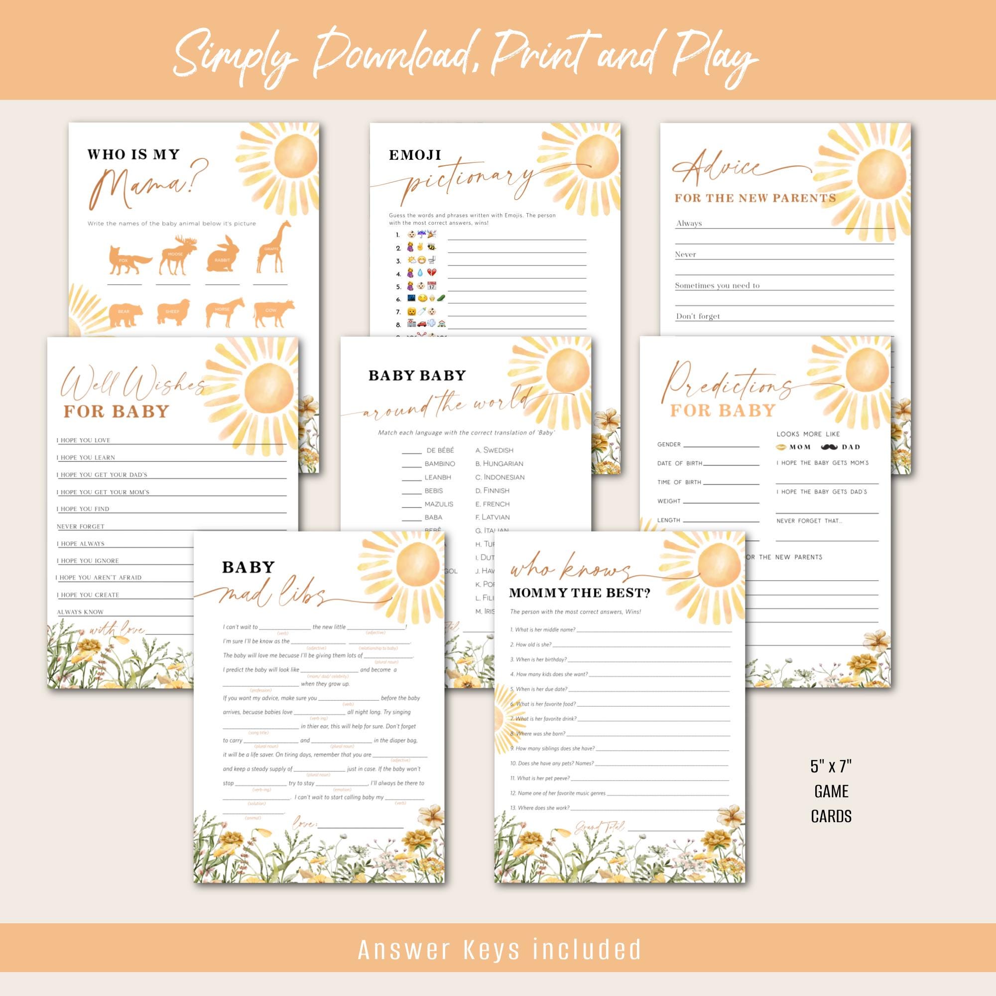 Sunshine Baby Shower Game Bundle, Baby Shower Games, Sun Baby Games ...