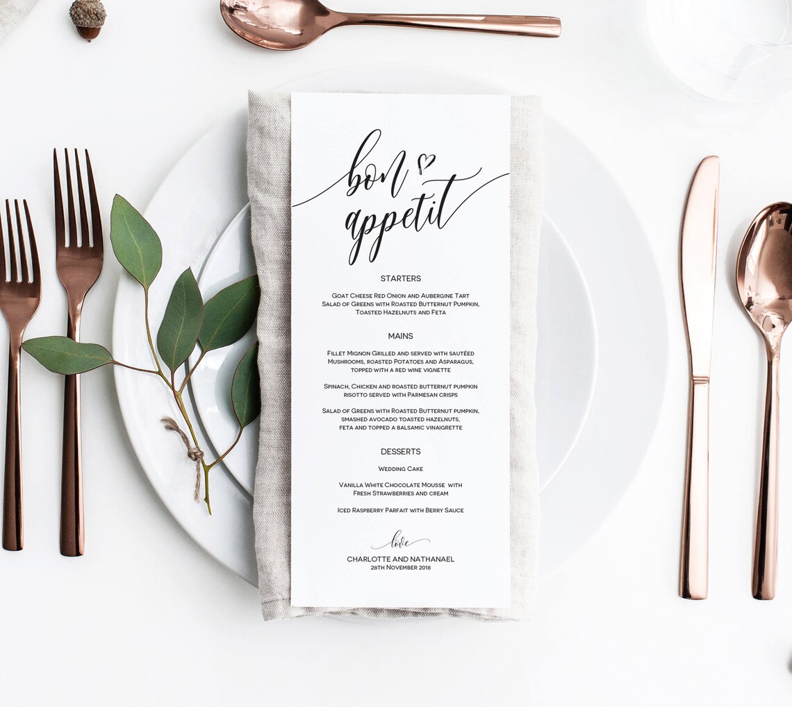 Bon Appetit Wedding Menu Template Wedding Menu Printable 2 | Etsy