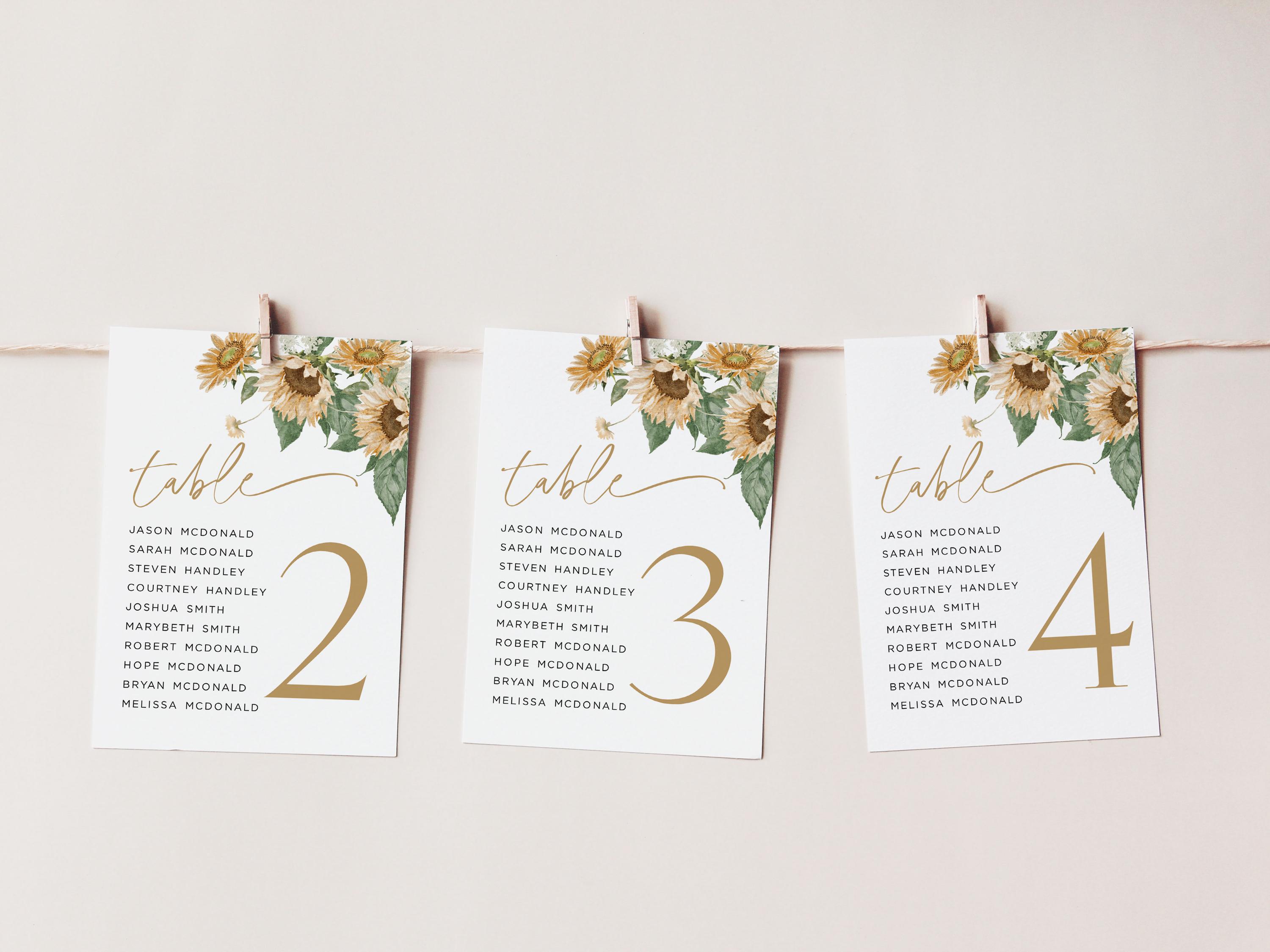 Fall Seating Chart Cards, Autumn Seating Chart Wedding, Sunflower ...