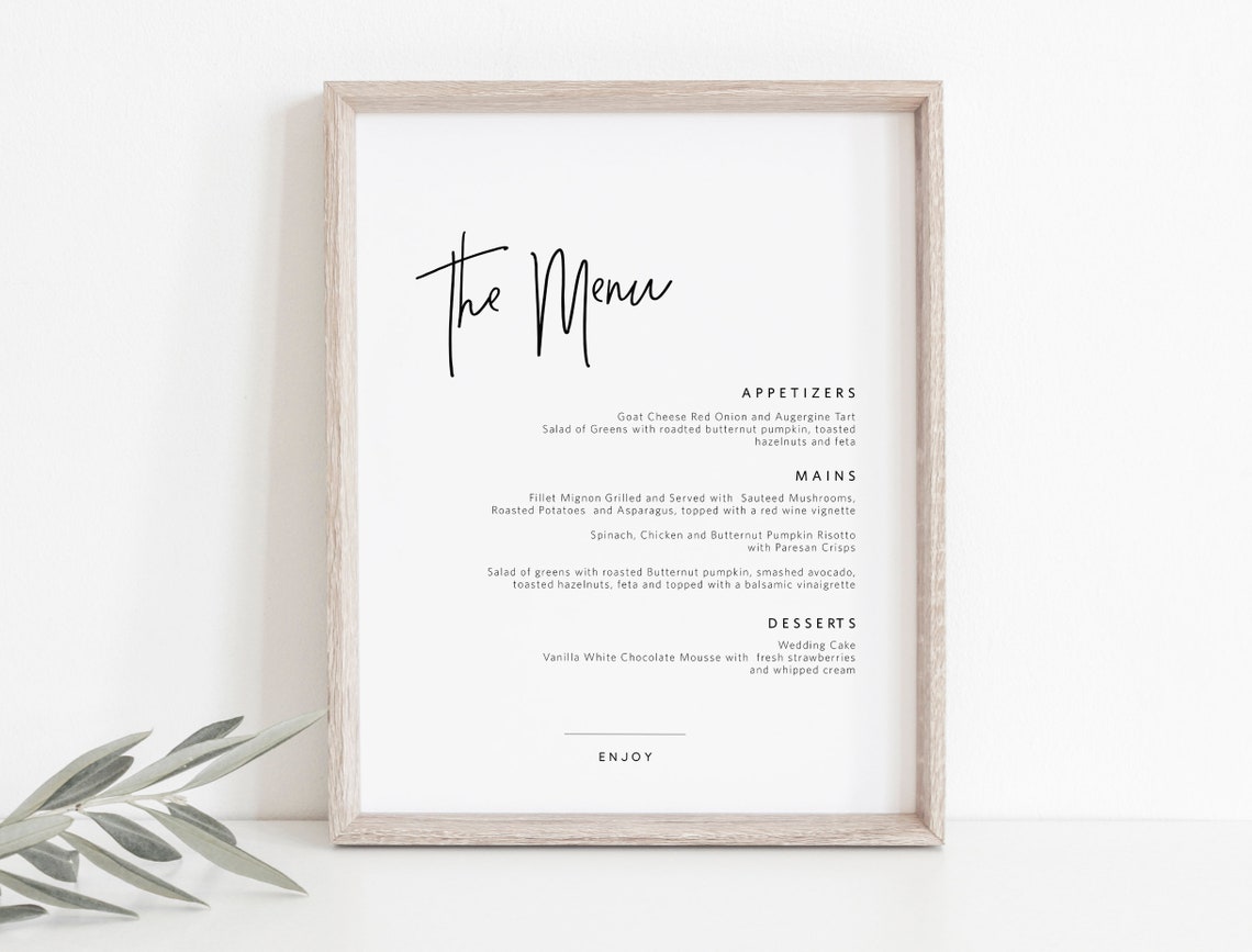 Wedding Menu Sign Printable Calligraphy Bar Menu Template | Etsy