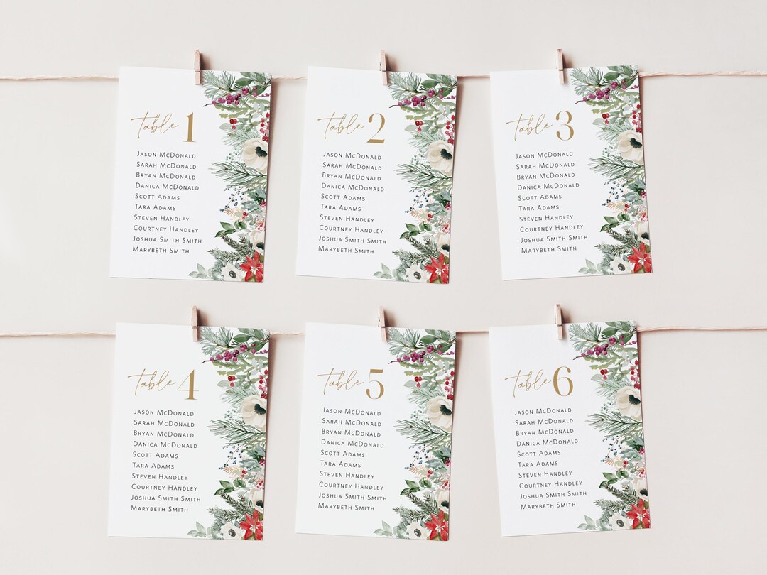 Christmas Seating Chart Cards, Holiday Seating Chart Wedding, Printable ...