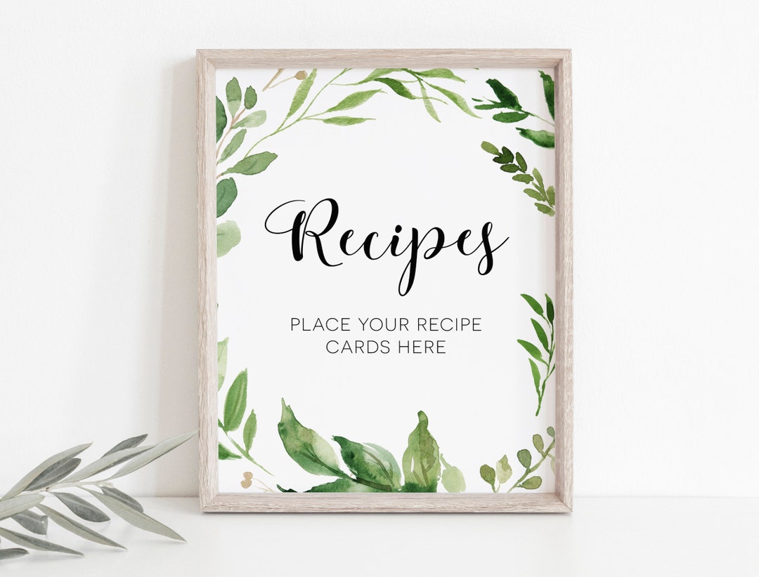 Greenery Recipes Sign, Bridal Shower Recipes Sign Template, 8x10 ...