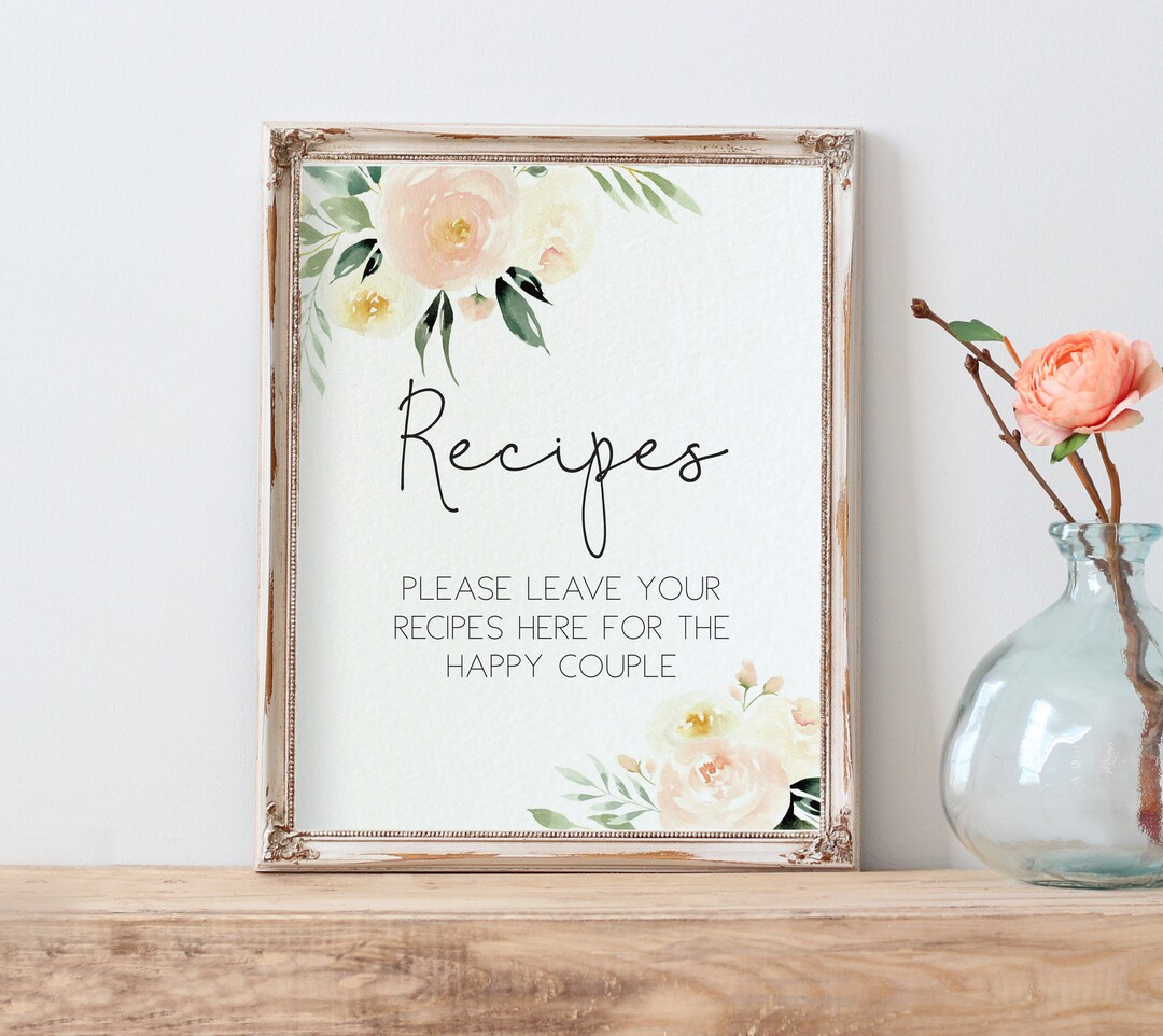 Blush Recipes Sign, Bridal Shower Recipes Sign Template, 8x10 ...