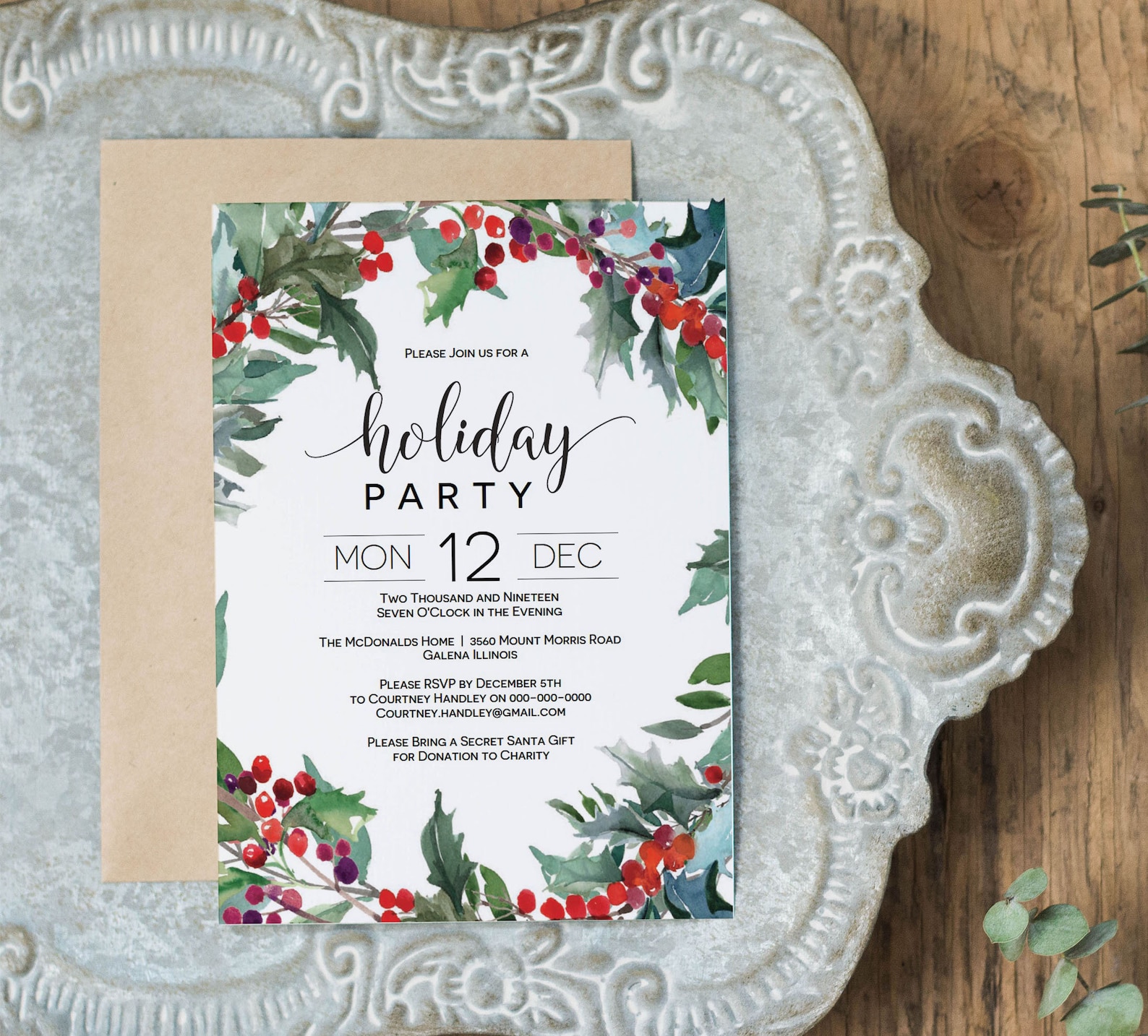 Holiday Invitation Printable, Rustic Berry Christmas Holiday Party ...
