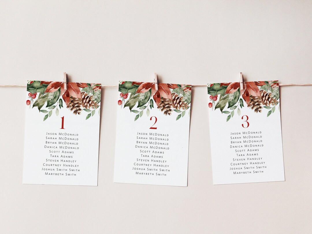 Christmas Seating Chart Cards, Holiday Seating Chart Wedding, Printable ...
