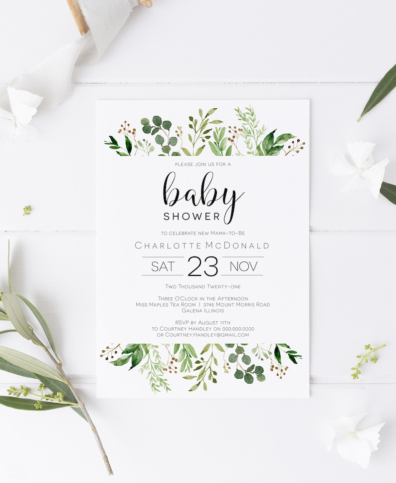 Greenery Baby Shower Invitation Printable Leaves Baby Shower - Etsy
