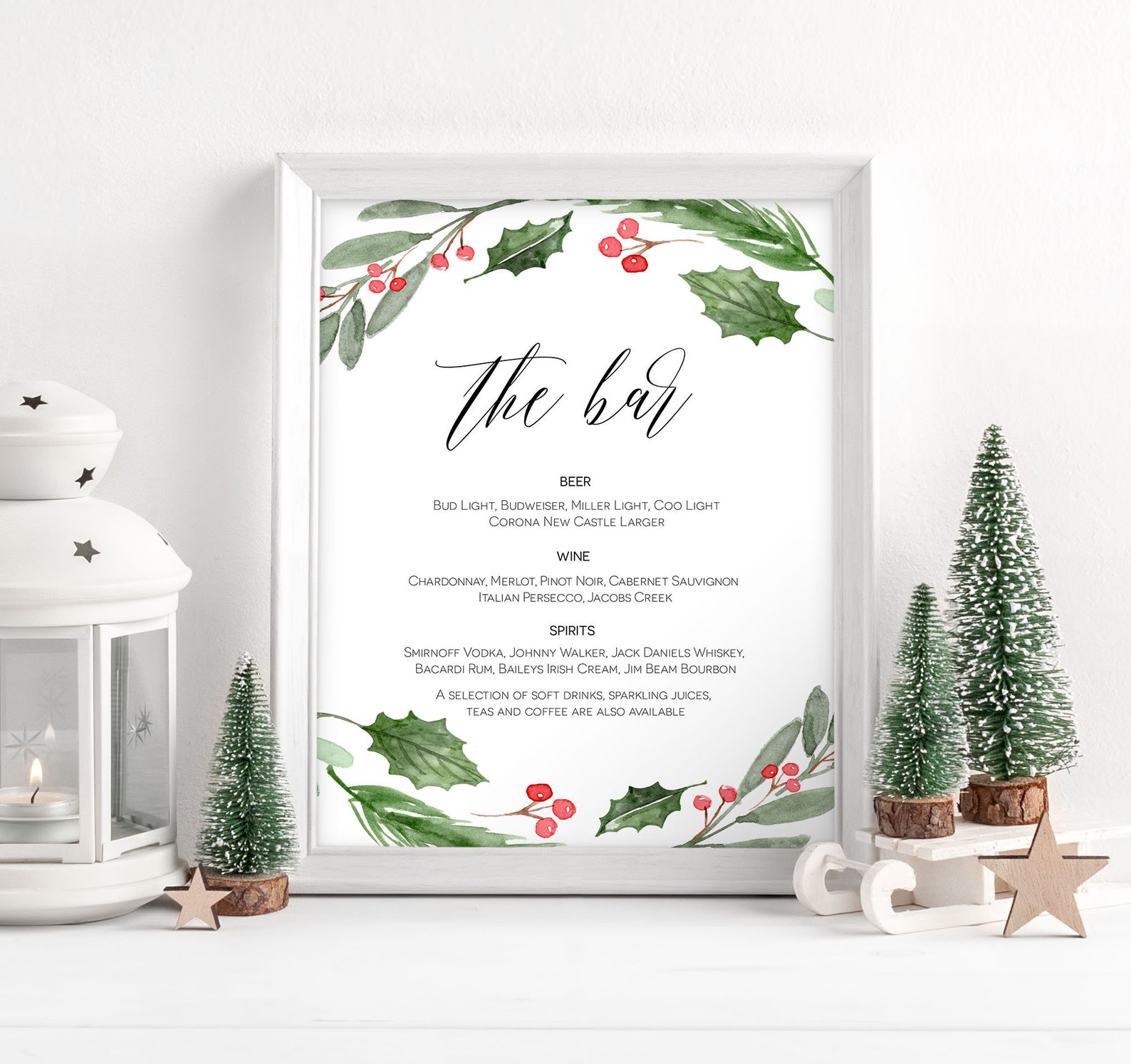 Christmas Bar Menu, Printable Bar Menu, Holly Christmas Sign, Bar Sign ...