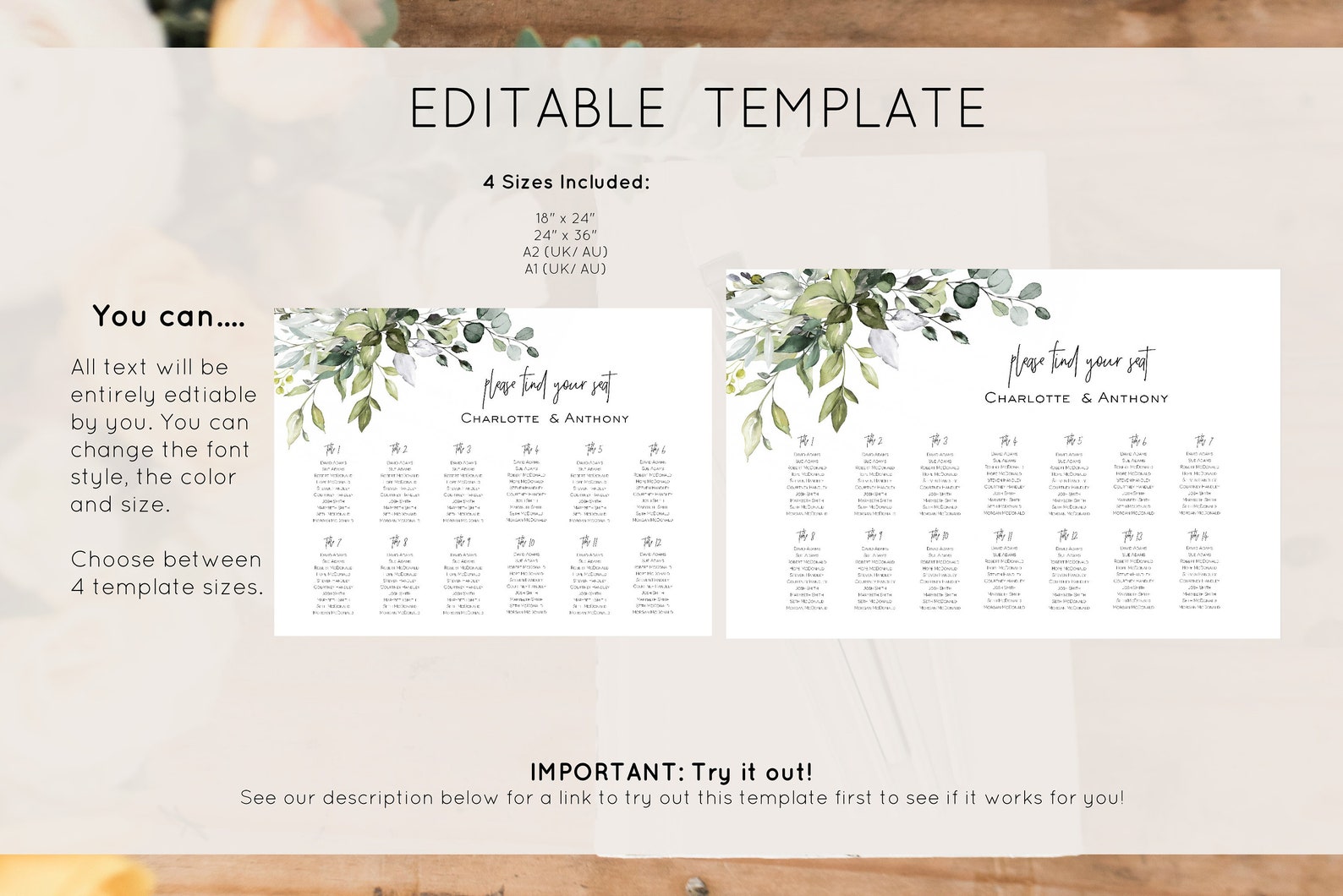 Greenery Seating Chart Template Wedding Seating Chart Sign | Etsy