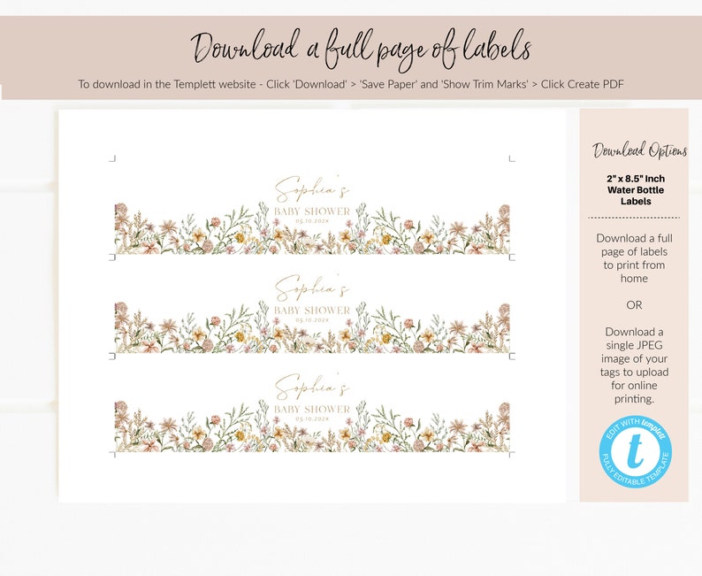 Wildflower Waterbottle Label, Printable Water Bottle Label, Editable ...