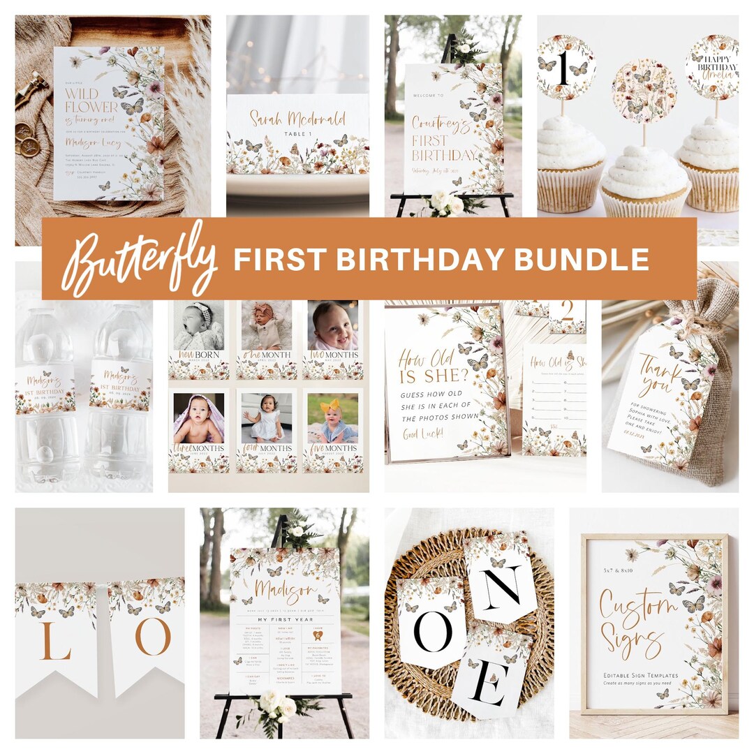 Butterfly First Birthday Invitation Bundle, Wildflower Birthday ...