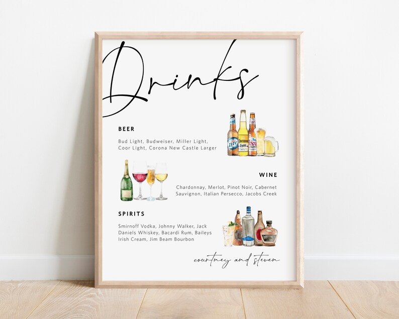 Calligraphy Drinks Sign, Printable Bar Menu Template, Editable Bar Sign ...